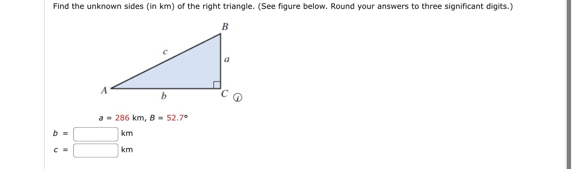 Solved Find the unknown sides (in km) ﻿of the right | Chegg.com