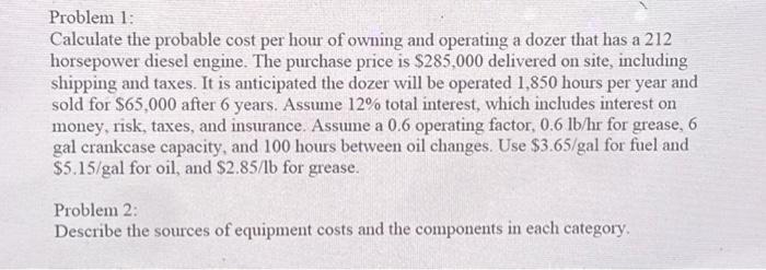 Solved Problem 1: Calculate the probable cost per hour of | Chegg.com