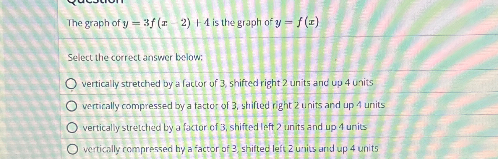 Solved The graph of y=3f(x-2)+4 ﻿is the graph of | Chegg.com