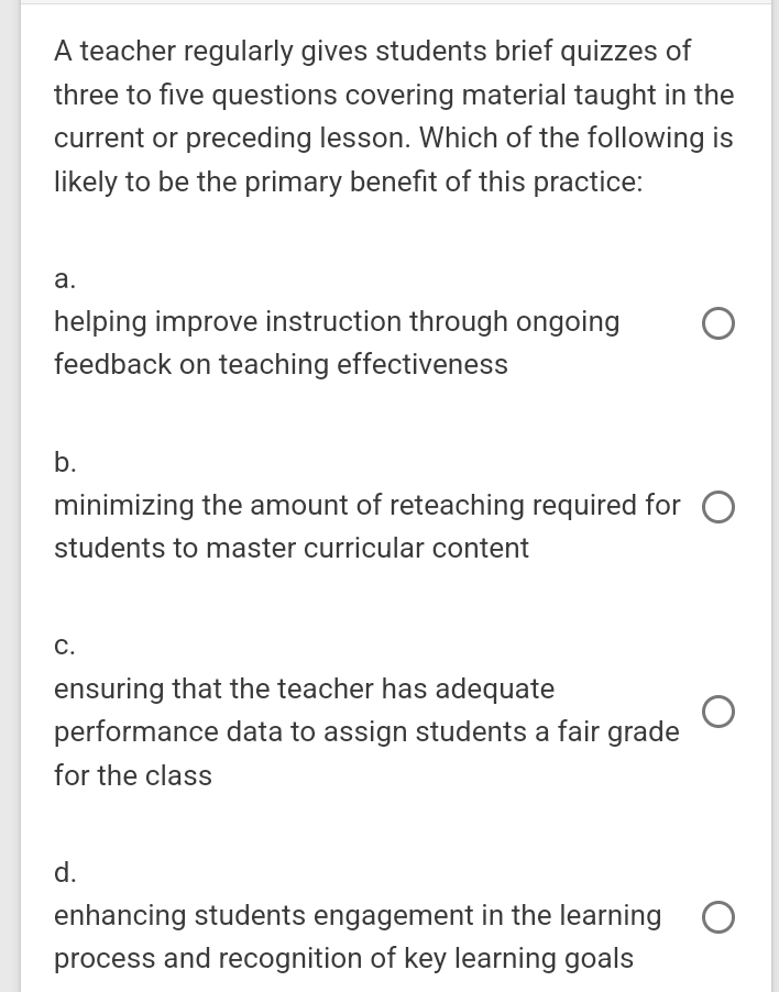 Solved A teacher regularly gives students brief quizzes of | Chegg.com
