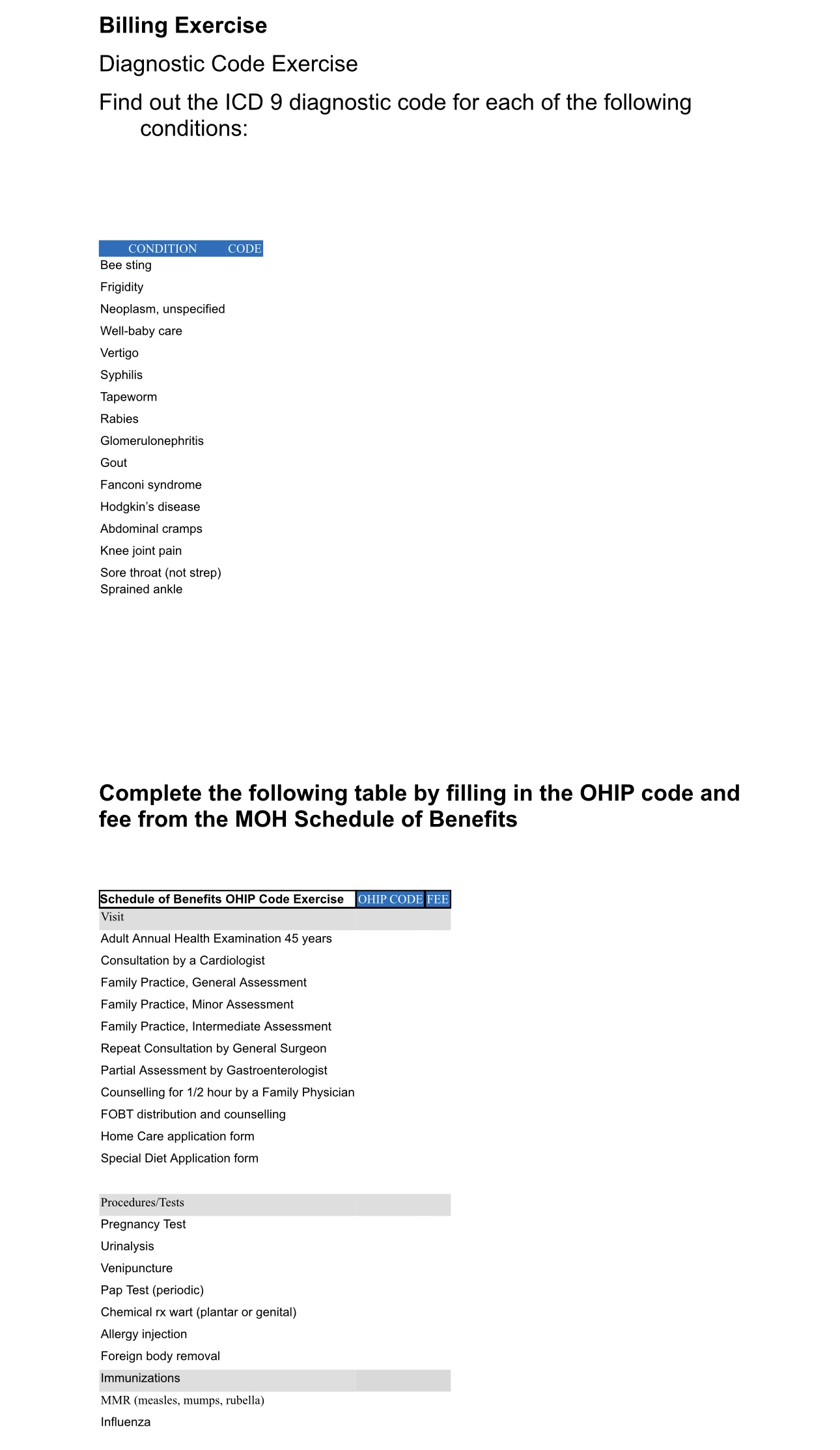Solved Billing ExerciseDiagnostic Code ExerciseFind out the | Chegg.com