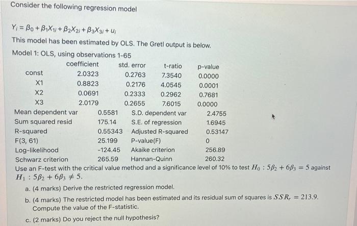 Solved Consider the following regression model Y; = | Chegg.com