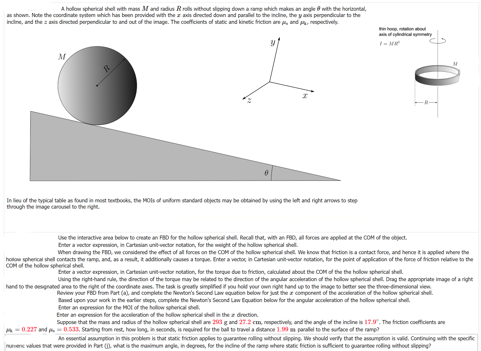 A hollow spherical shell with mass M ﻿and radius R | Chegg.com