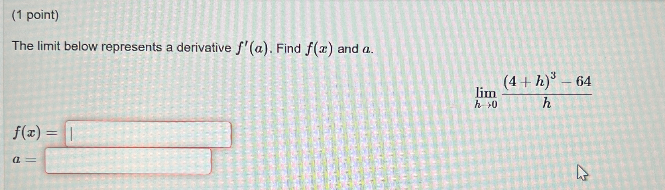 Solved (1 ﻿point)The limit below represents a derivative | Chegg.com