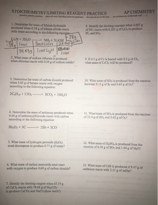 Solved STOICHIOMETRY/LIMITING REAGENT PRACTICE de prelice, | Chegg.com