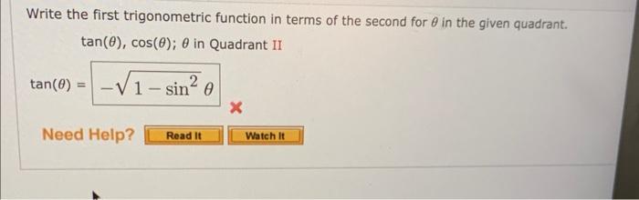 Solved Write the first trigonometric function in terms of | Chegg.com