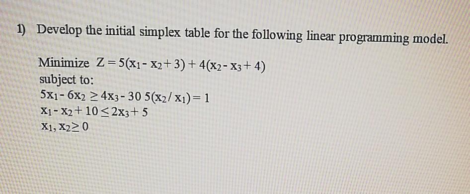 Solved 1) Develop the initial simplex table for the | Chegg.com