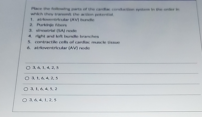 Solved Place the following parts of the cardlac conduction | Chegg.com
