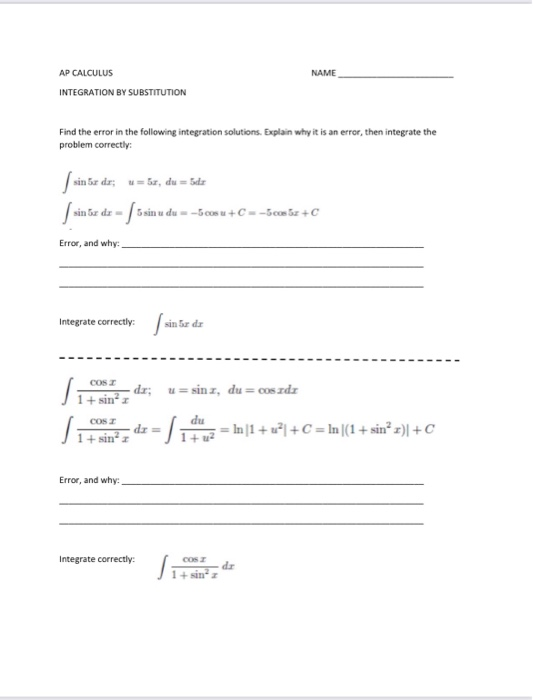 Solved NAME AP CALCULUS INTEGRATION BY SUBSTITUTION Find the | Chegg.com