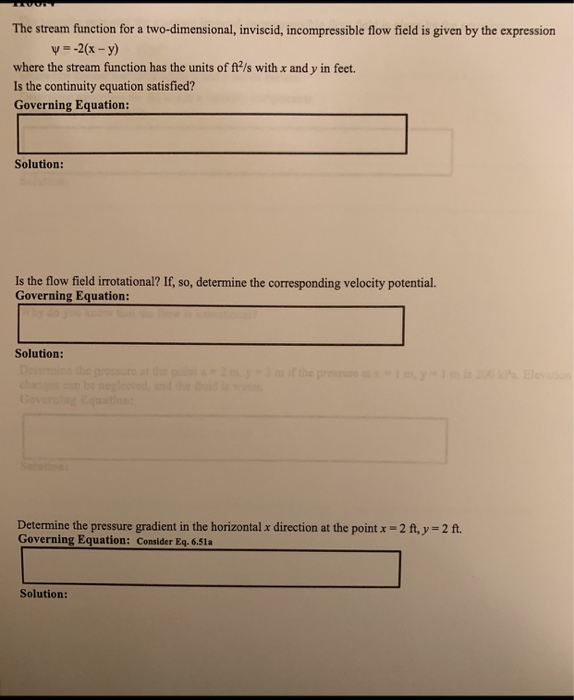 Solved The stream function for a two-dimensional, inviscid, | Chegg.com