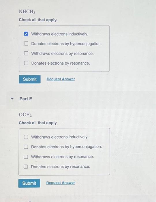 Solved NHCH3 Check all that apply. Withdraws electrons | Chegg.com
