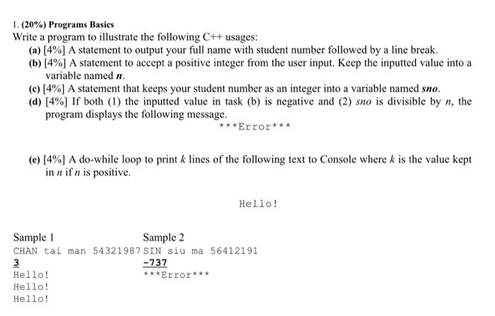 Solved 1. (20%) Programs Basics Write a program to | Chegg.com