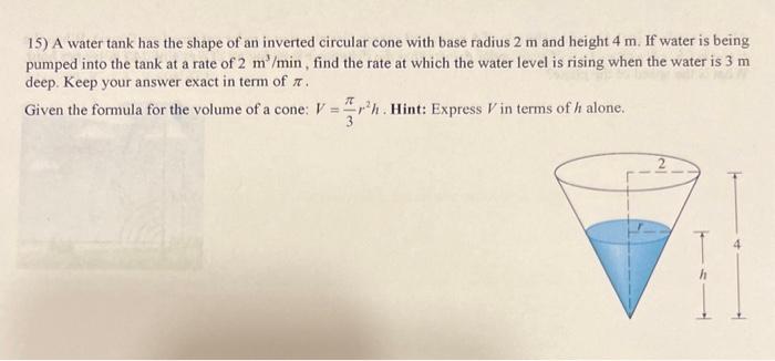 Solved 15) A water tank has the shape of an inverted | Chegg.com