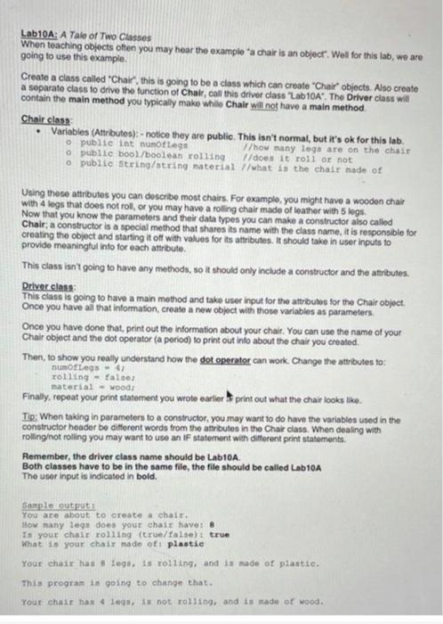 Solved Lab10A: A Tale of Two Classes When teaching objects | Chegg.com