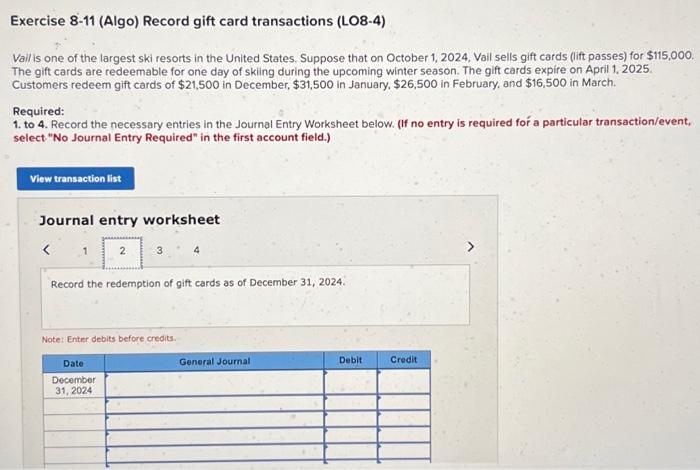 Solved Exercise 8-11 (Algo) Record gift card transactions | Chegg.com