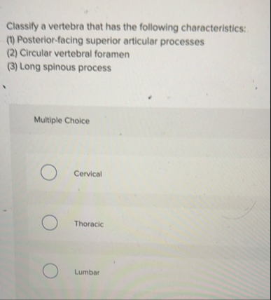 Solved Classify a vertebra that has the following | Chegg.com