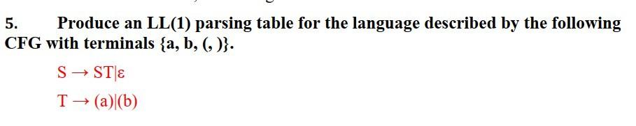Solved 5. Produce an LL(1) parsing table for the language | Chegg.com