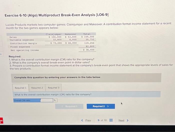 Solved Exercise 6-10 (Algo) Multiproduct Break-Even Analysis | Chegg.com