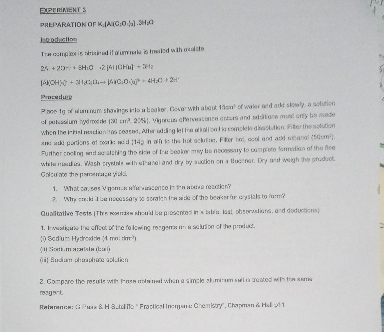 Solved EXPERIMENT 3 Introduction The complex is obtained if | Chegg.com