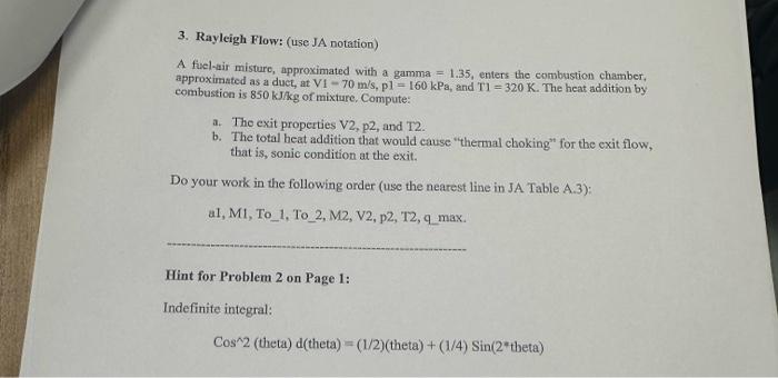 Solved 3. Rayleigh Flow: (use JA notation) A fuel-air | Chegg.com