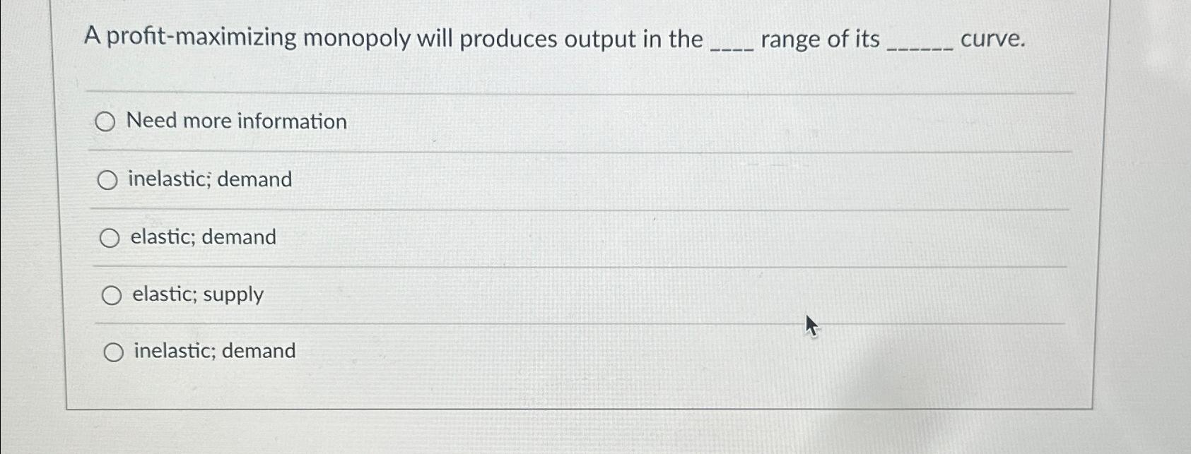 Solved A profit-maximizing monopoly will produces output in | Chegg.com