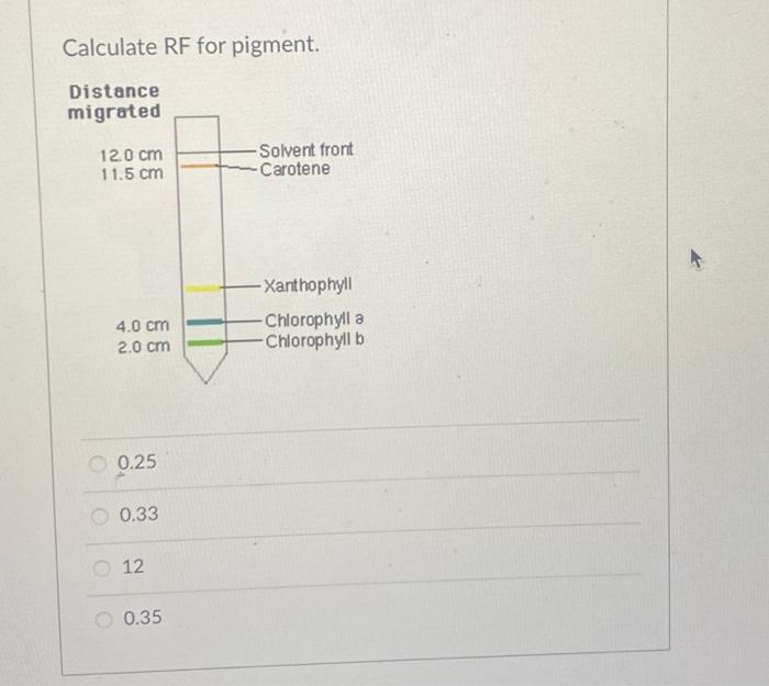 Solved Calculate RF for pigment. 0.25 0.33 12 0.35 Use the | Chegg.com