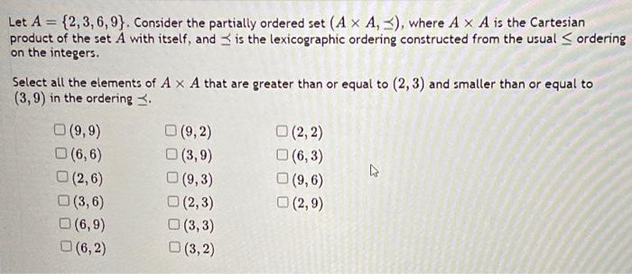 Solved Let A={2,3,6,9}. Consider the partially ordered set | Chegg.com