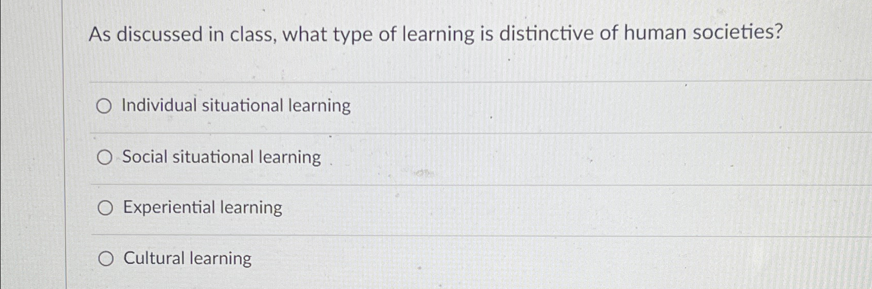 Solved As discussed in class, what type of learning is | Chegg.com