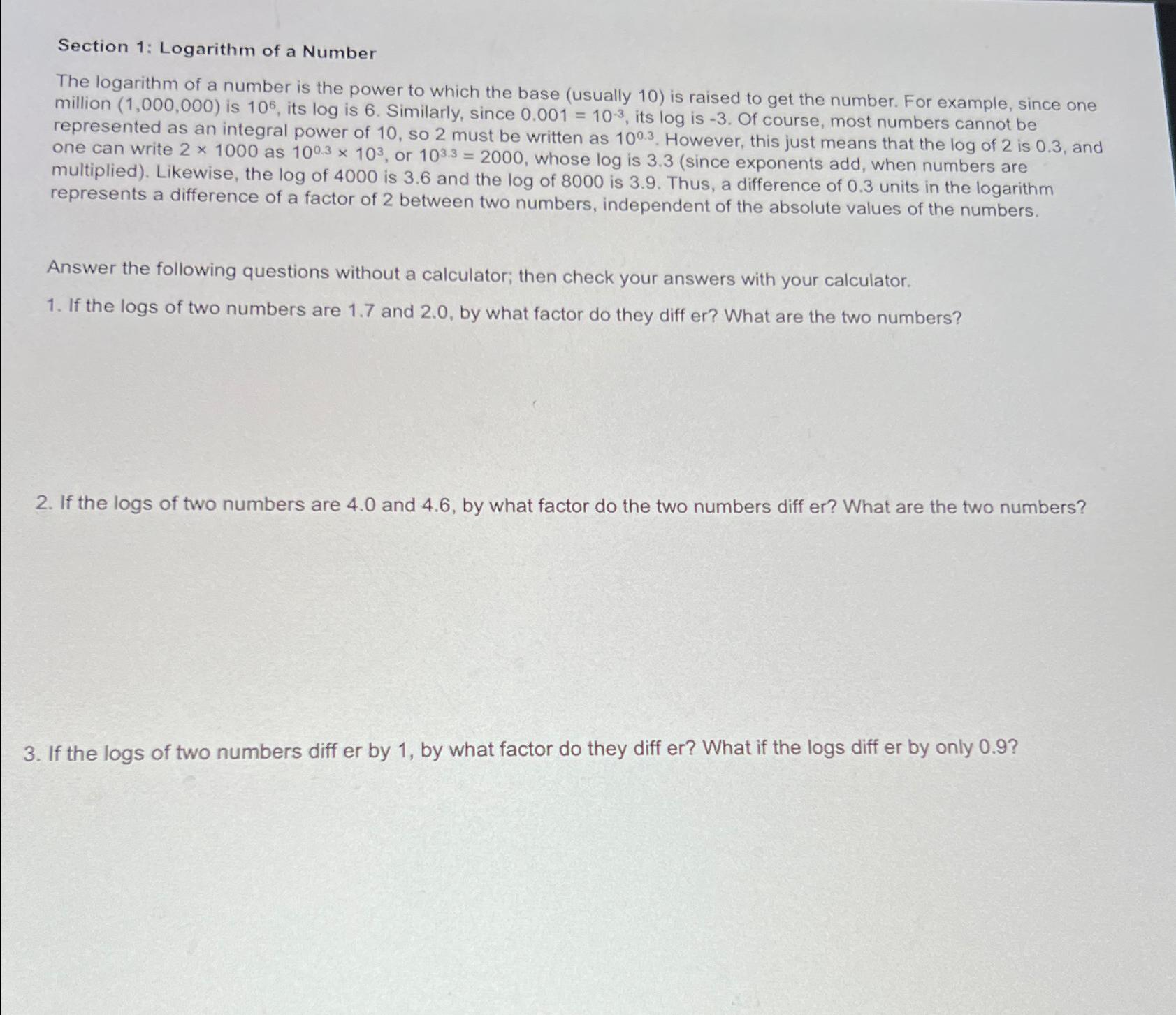 Solved Section 1 Logarithm Of A Numberthe Logarithm Of A
