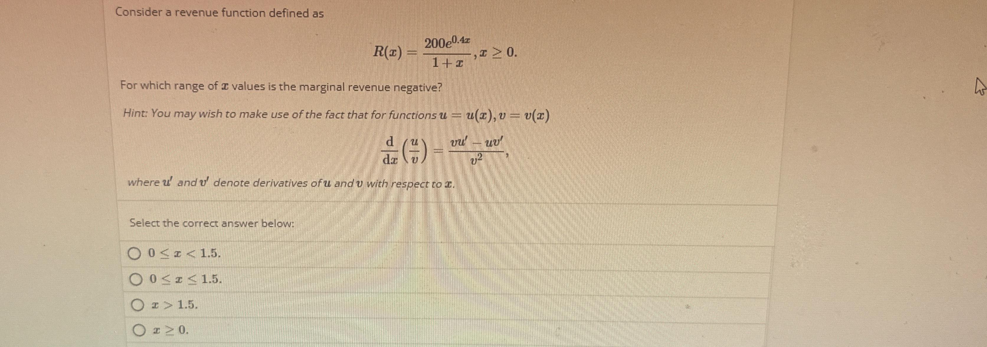 Solved Consider a revenue function defined | Chegg.com