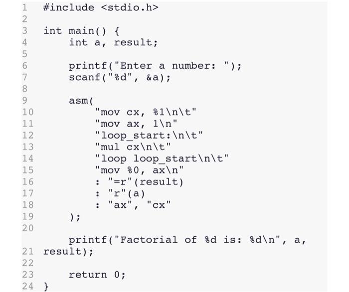 Solved \#include h> int main() \{ int a, result; printf( | Chegg.com
