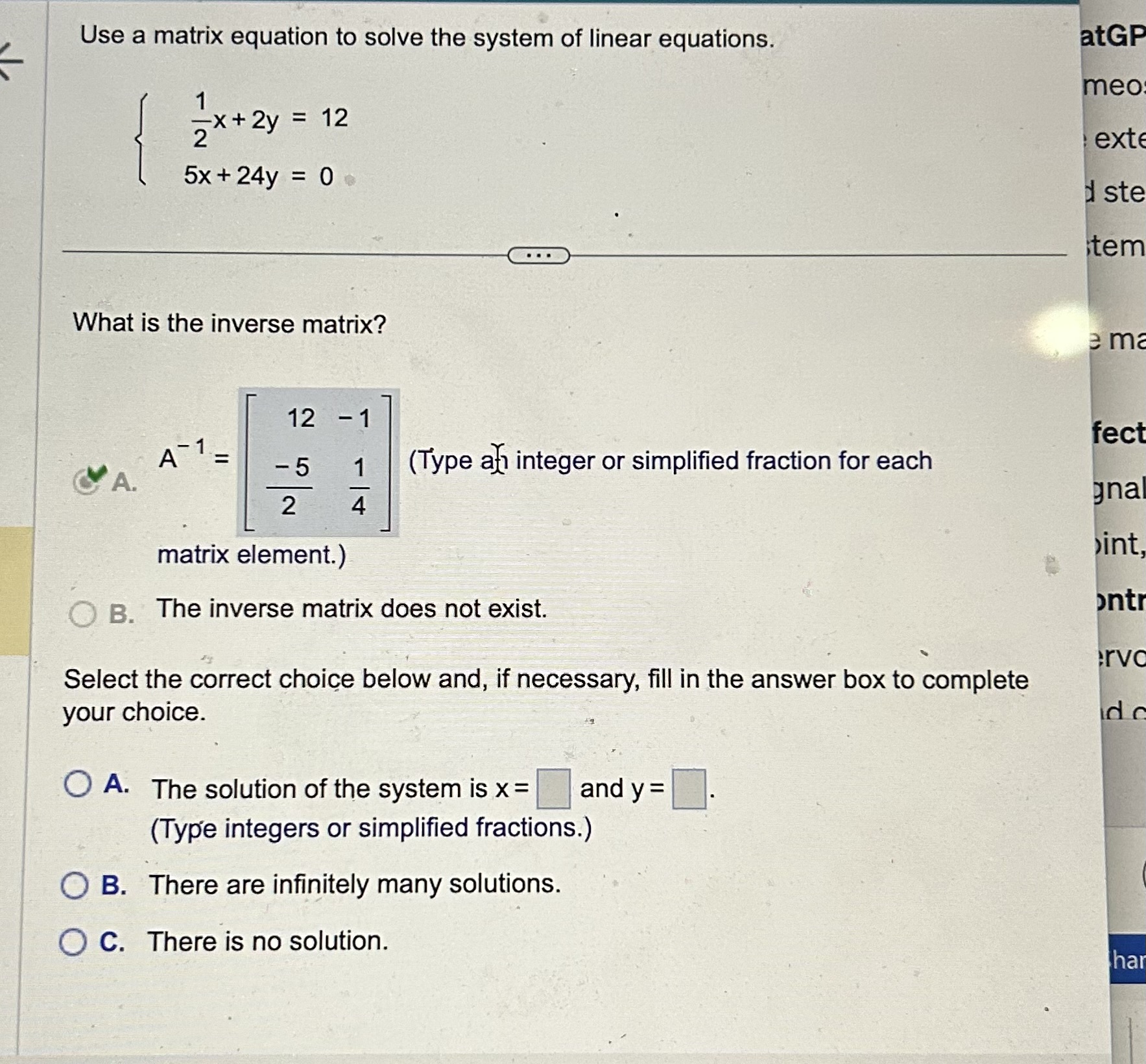 Solved Use a matrix equation to solve the system of linear | Chegg.com