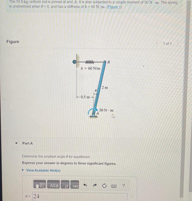 Solved The 10.5−kg uniform rod is pinned at end A. It is | Chegg.com