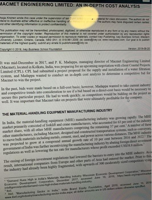 MACMET ENGINEERING LIMITED: AN IN-DEPTH COST ANALYSIS | Chegg.com