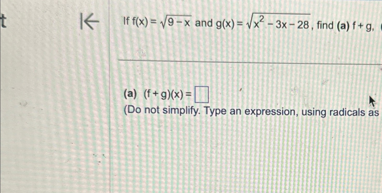 Solved If f(x)=9-x2 ﻿and g(x)=x2-3x-282, ﻿find | Chegg.com