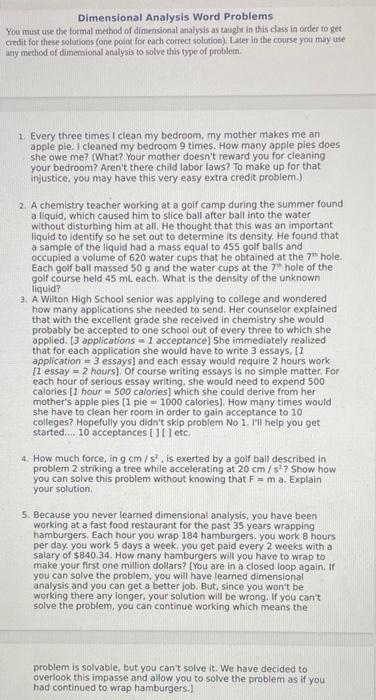 Solved Dimensional Analysis Word Problems You must use the | Chegg.com