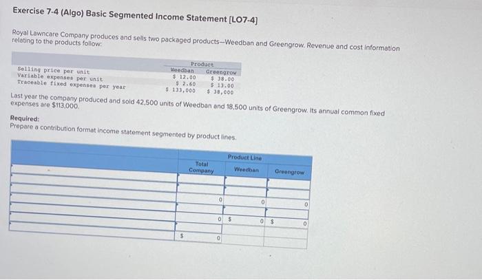 Solved Exercise 7-4 (Algo) Basic Segmented Income Statement | Chegg.com