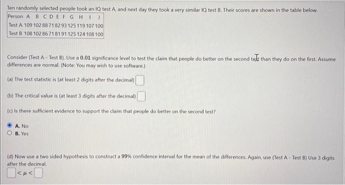Solved Consider (Test A - Test B). Use a 0.01 significance | Chegg.com