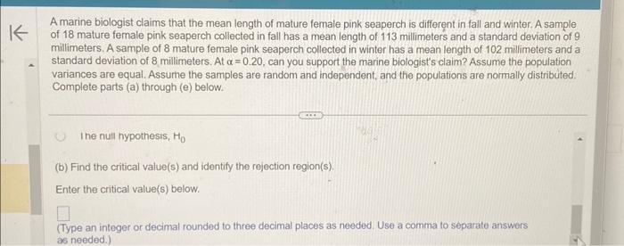 Solved A marine biologist claims that the mean length of | Chegg.com