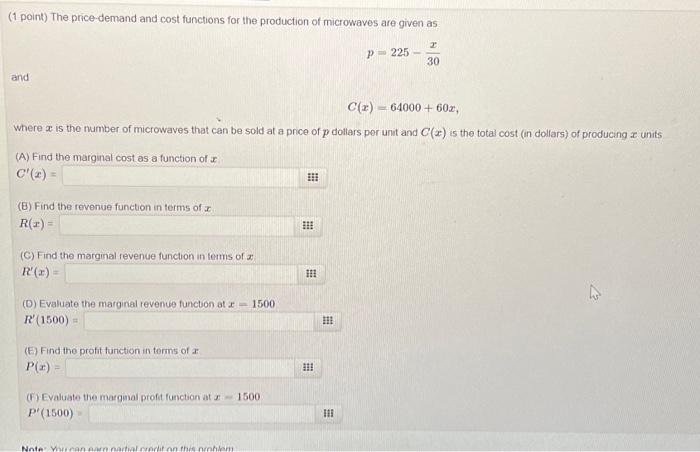 Solved (1 point) The price-demand and cost functions for the | Chegg.com