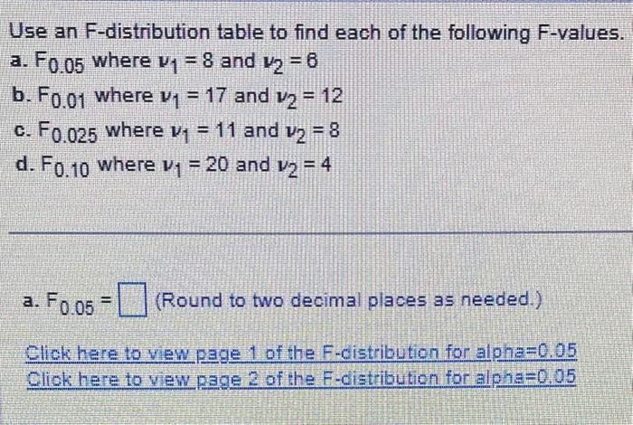 Solved Use an F-distribution table to find each of the | Chegg.com