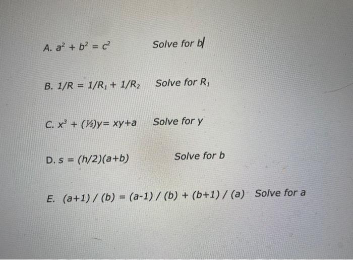 Solved A A2 b2 c2 Solve For B B 1 R 1 R1 1 R2 Solve For R1 Chegg