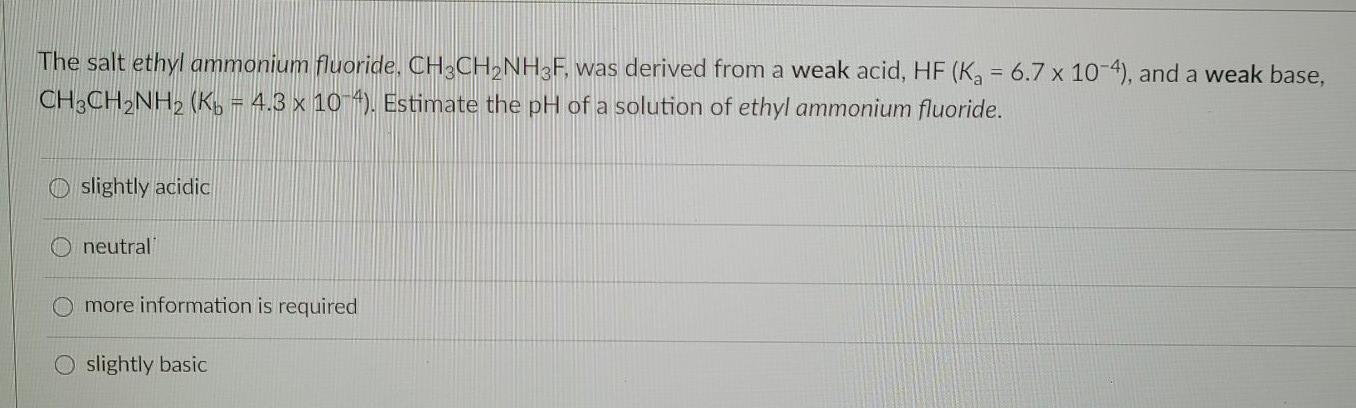 Solved The salt ethyl ammonium fluoride, CH3CH2NH3F, was | Chegg.com