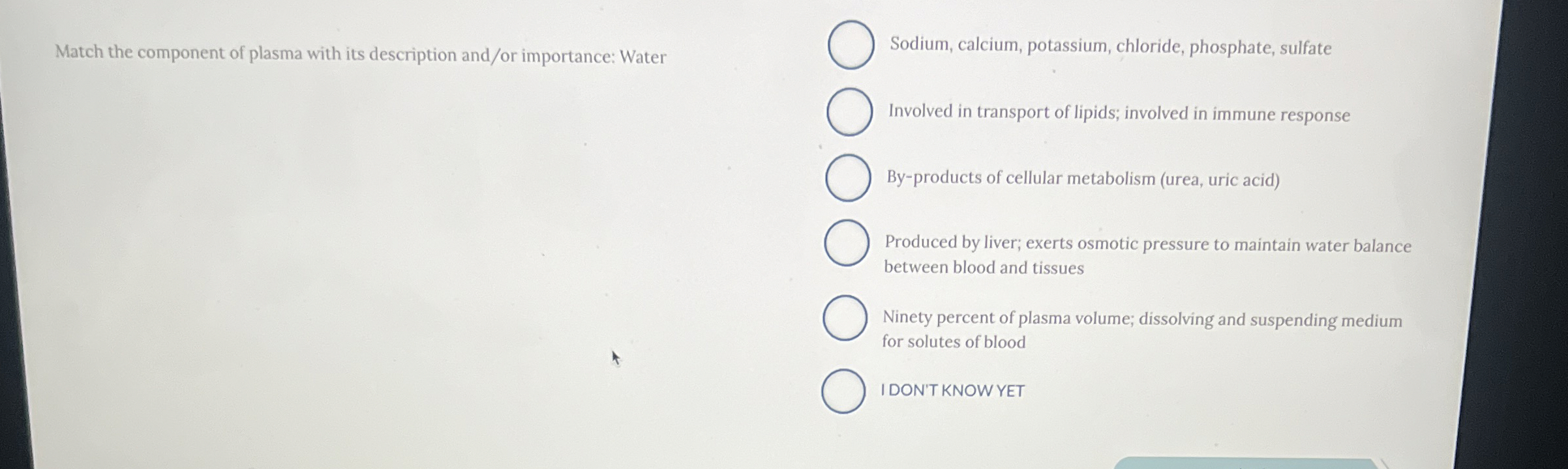 Solved Match the component of plasma with its description | Chegg.com