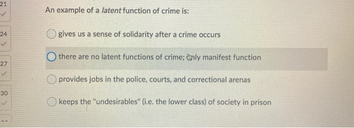 Solved 21 An example of a latent function of crime is: 24 | Chegg.com