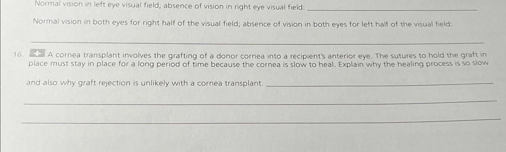 Solved Normal vision in left eye visual field; absence of | Chegg.com