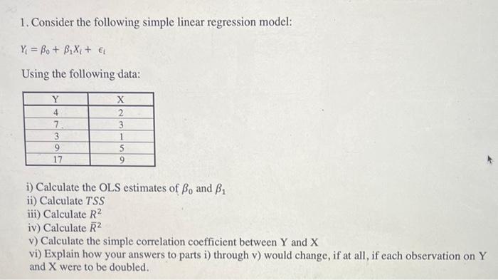 Solved 1. Consider the following simple linear regression | Chegg.com