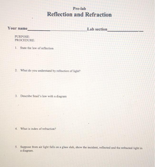 Solved Pre-lab Reflection and Refraction Your name Lab | Chegg.com
