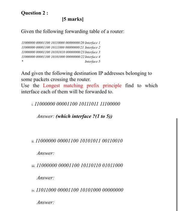 Solved Question 2 : [5 marks) Given the following forwarding | Chegg.com