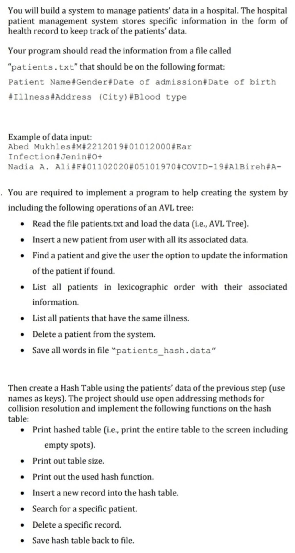 Solved Use only C language( use Hashing& AVL tree as | Chegg.com